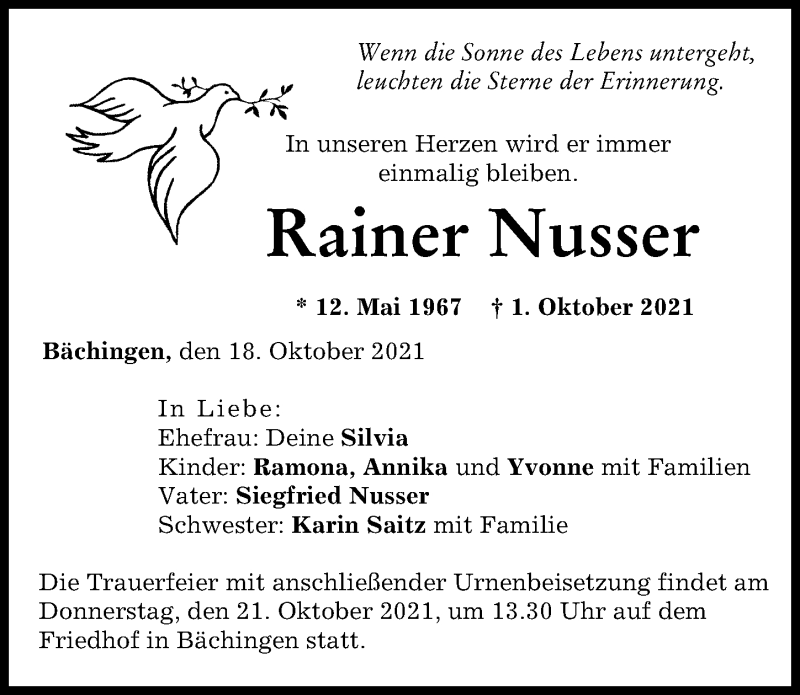 Traueranzeigen von Rainer Nusser | Allgäuer Zeitung Traueranzeigen von Rainer Nusser | Allgäuer Zeitung
